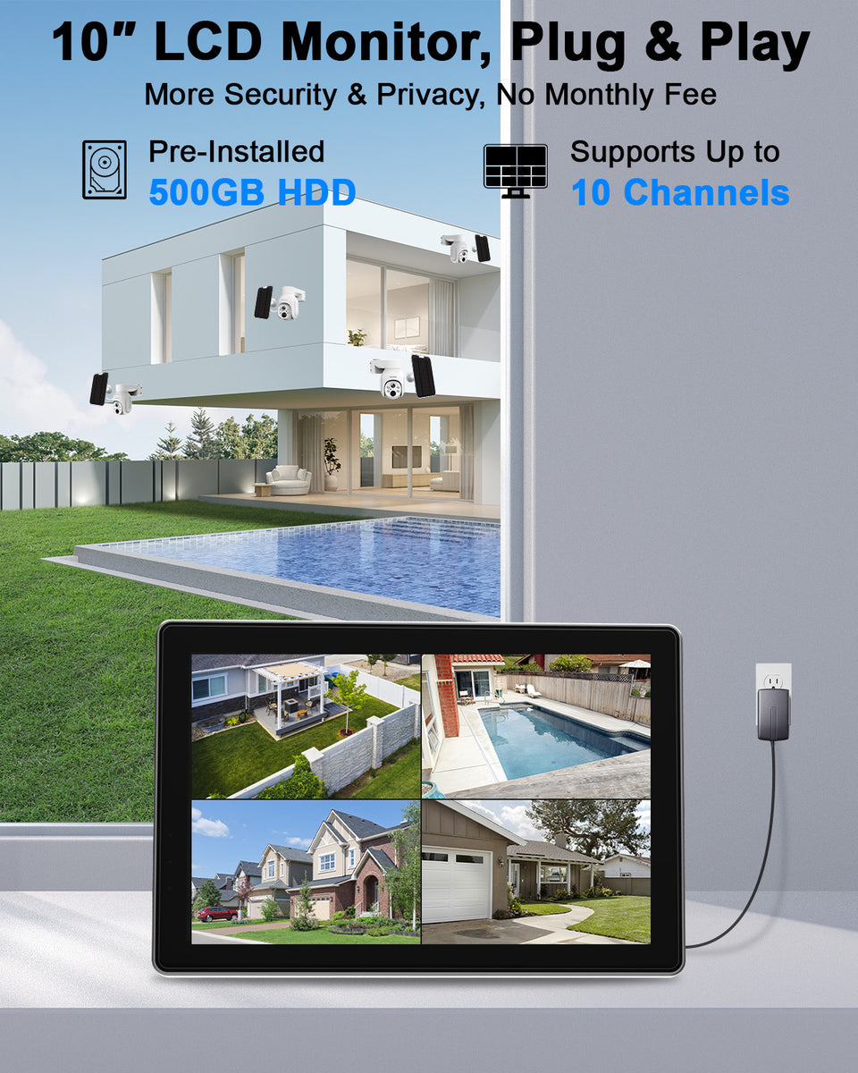 Solar Wireless Security Camera System with 10" LCD Monitor, 4PCS 4MP P ...
