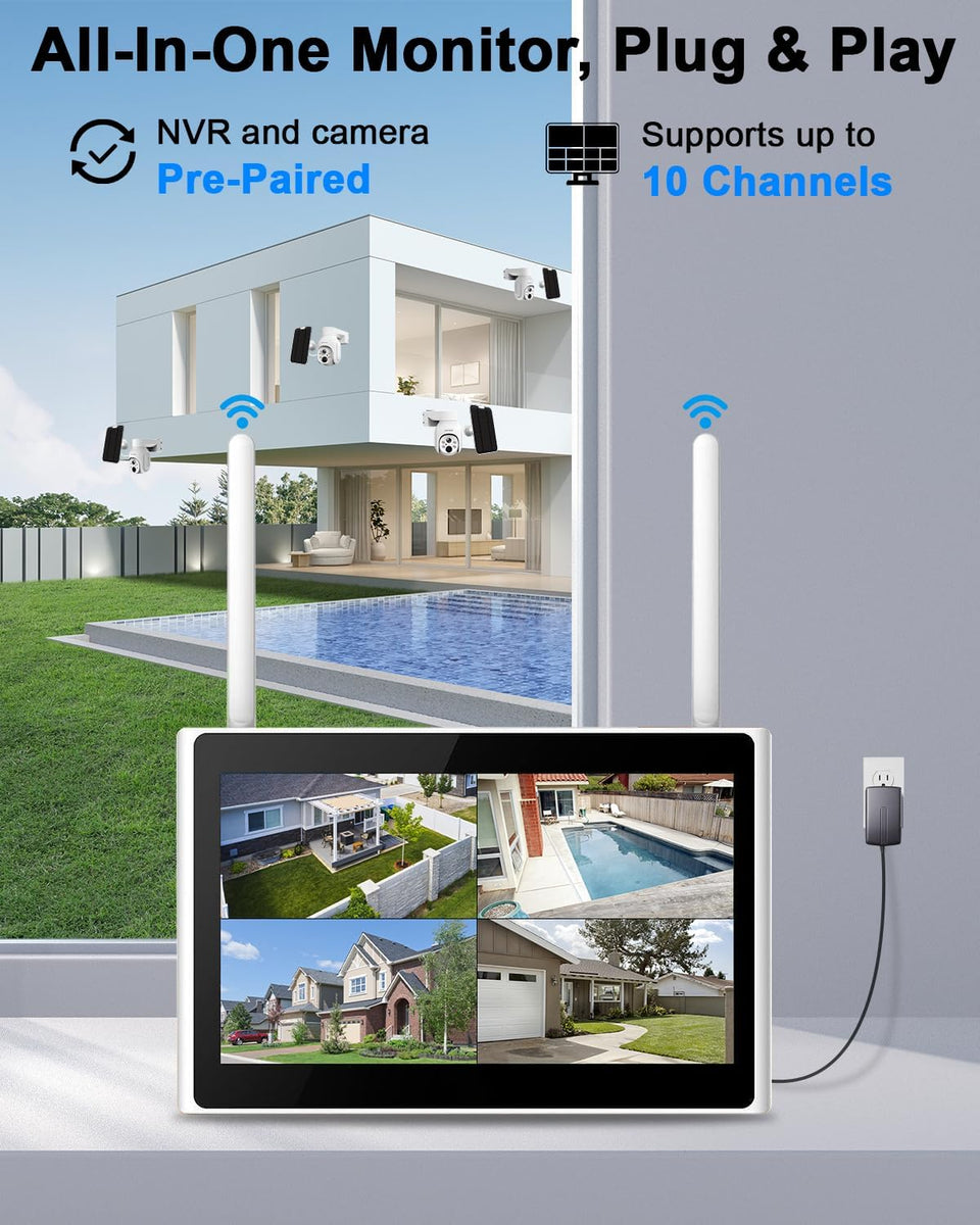 Solar Wireless Security Camera System with 10" LCD Monitor, 4PCS 4MP P ...